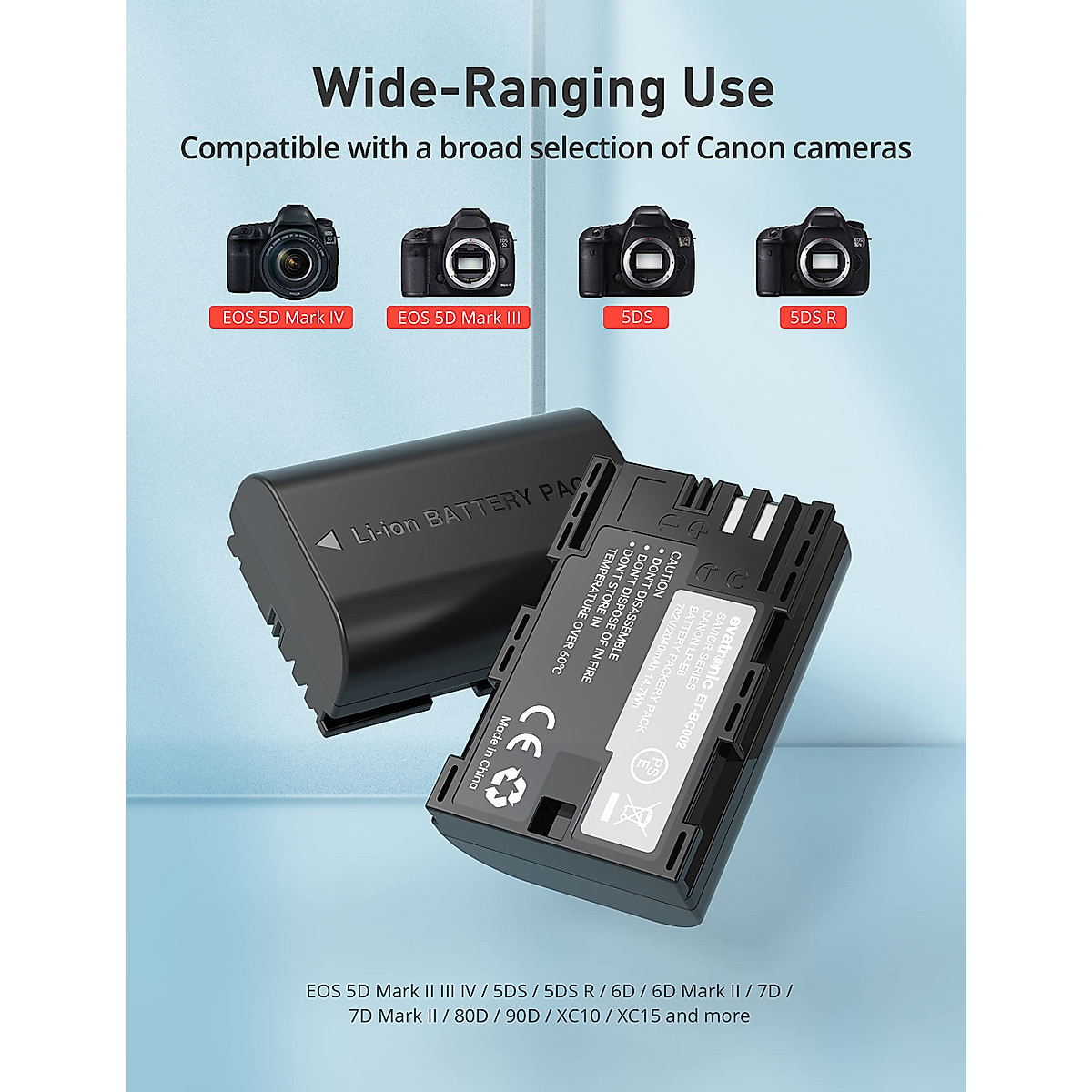 LP-E6 Battery 2 Pack 2040mAh Evatronic Camera Rechargeable Battery Charger, Dual Slot Compatible for Canon LP-E6N Camera Batteries 90D 80D 70D 5D Mark II III IV 5DS 5DS R6 Mark II 6D 60D 6D Mark II 7D
