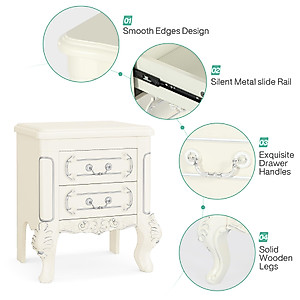 Tribesigns White Nightstand, End Table with 2 Drawers, Carved Bedside Tables, Side Table for Bedroom, Living Room, Classic Bedroom Furniture, Night Stand（1PC