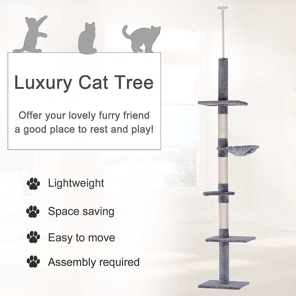 PawHut 8.5' Adjustable Height Floor-to-Ceiling Vertical Cat Tree, Gray and White