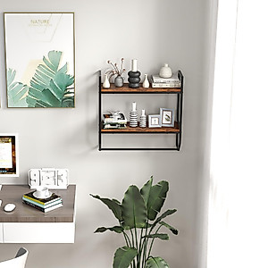 GOFLAME 2-Tier Industrial Bathroom Shelves with Towel Bar, Over The Toilet Shelf Wall Mounted with Metal Frame, Wall Storage Organizer Shelf for Bathroom, Living Room, Kitchen, Rustic Brown