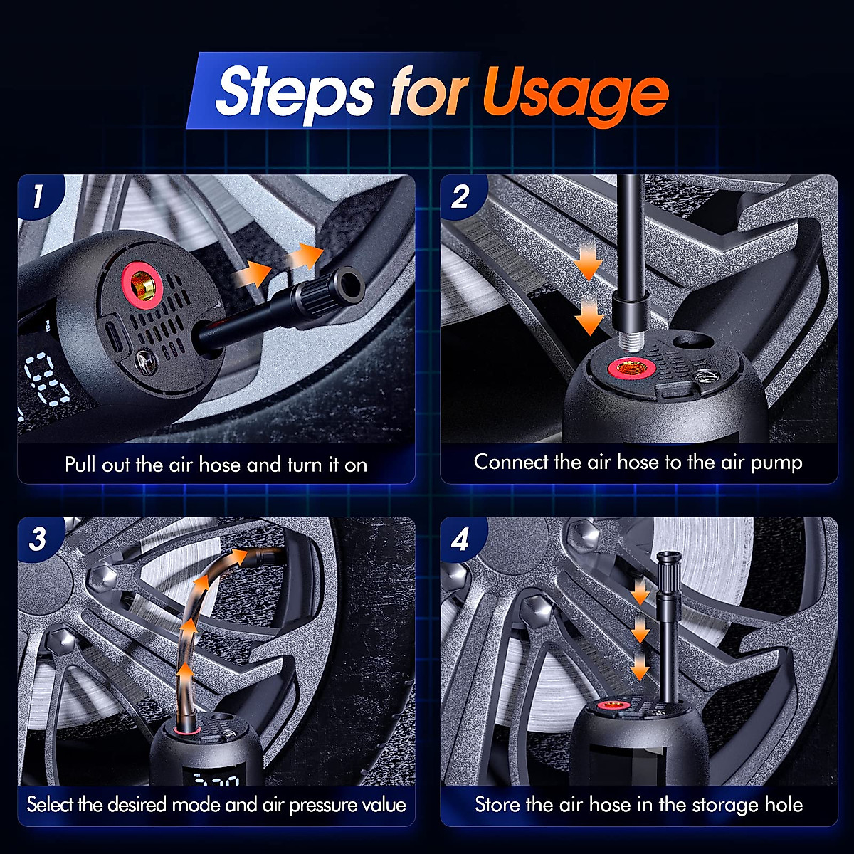 Electric Bike Tire Pump with Gauge, Tire Inflator Portable Air Compressor, Air Pump for Car Tires, Air Compressor for Car, Motorcycle, Bicycle, Ball