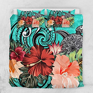 gearider Tropical Hibiscus Floral Pattern Duvet Cover Set, Turtle Washed Bedding Set, Polynesian Style Soft Comfy Duvet Cover, Size King