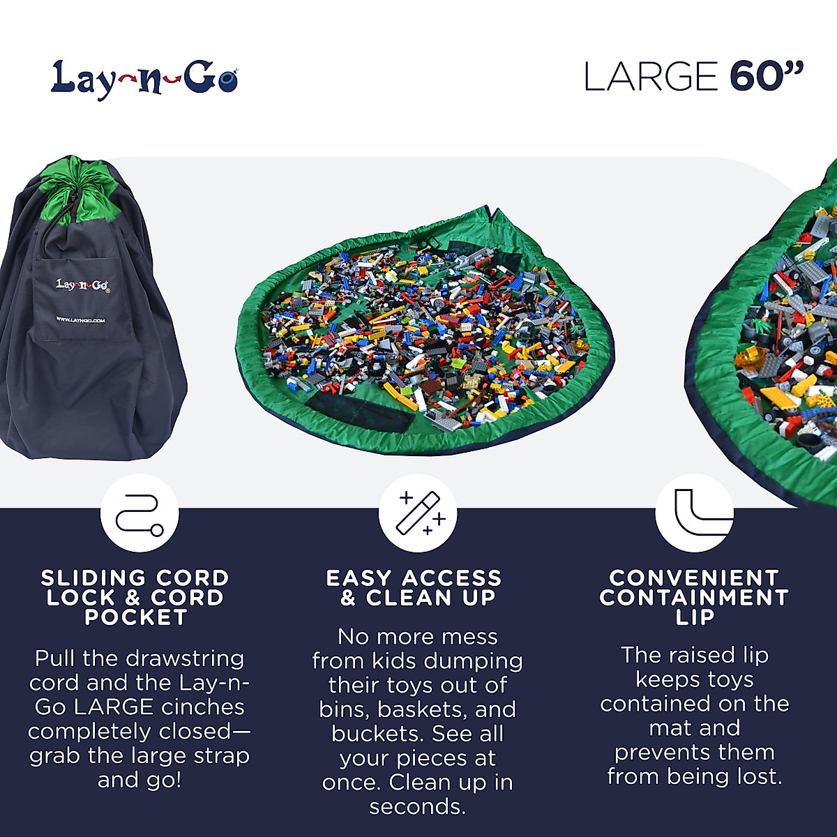 Lay-n-Go 2-in-1 Extra Large Portable Drawstring Toys Storage Organizer and Play Mat for Room and Travel, Made for Kids and Toddlers with a Durable Patented Design, 60 inch, Green