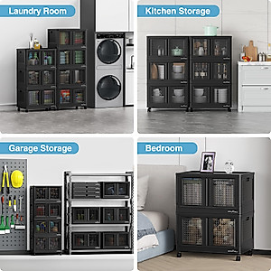 BROVIEW 320Qt Stackable Storage Bins with Lids, 80Gal Plastic Collapsible Storage Bins with Doors and Wheels, Closet Organizers and Storage, Black Folding Storage Cabinet for Home Garage, 4 Pack Cube