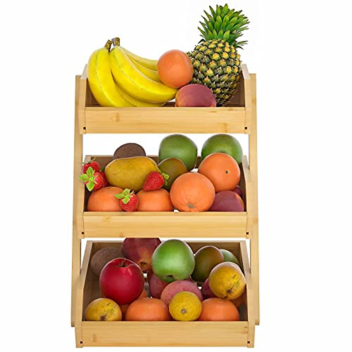 Large 3 Tier Bamboo Fruit Basket Stand for Kitchen Countertop – Fruit Holder – Perfect for Bread, Vegetables, Produce, Home Storage and Display
