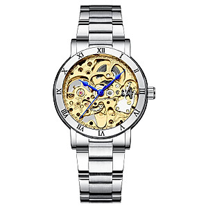 IK Women's Automatic Watch, Steampunk Self Winding Mechanical Bracelet Stainless Steel Wrist Watch for Ladies - Golden Dial