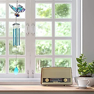 Butterfly Wind Chimes, AVEKI 27.5''H Iron Stained Glass Butterfly Wind Chimes Gifts for Mom Outdoor/Indoor Wind Chimes for Home, Garden, Window, Yard, Patio, Lawn Decoration (Blue)