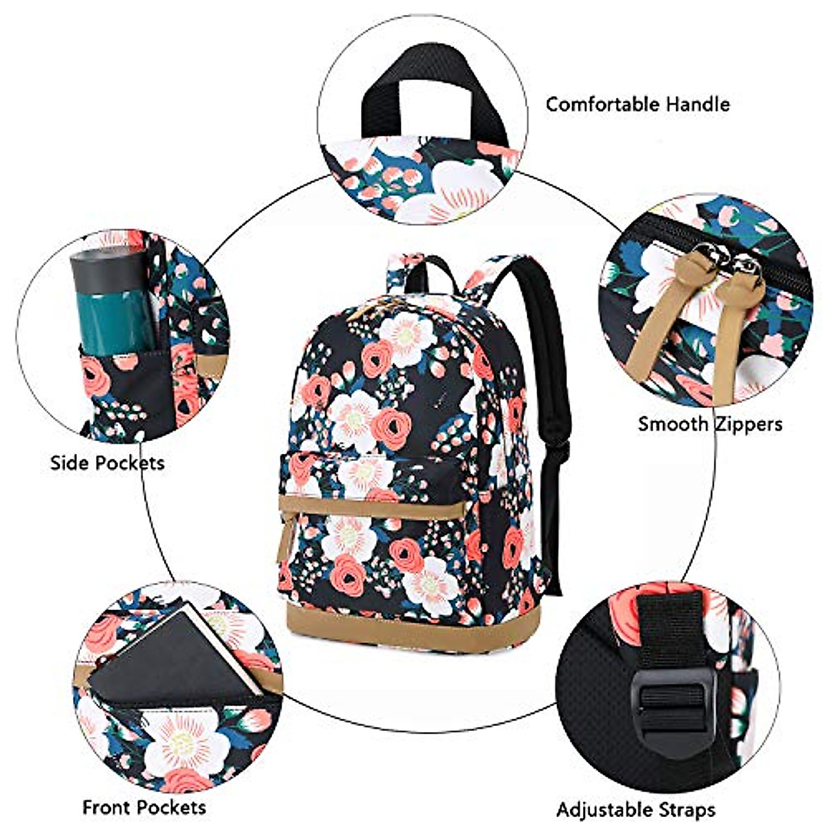 Natayoo Floral School Backpacks for Women Teen Girls College Bookbag Water Resistant Laptop Backpack with Lunch Bag and Pencil Bag,Large