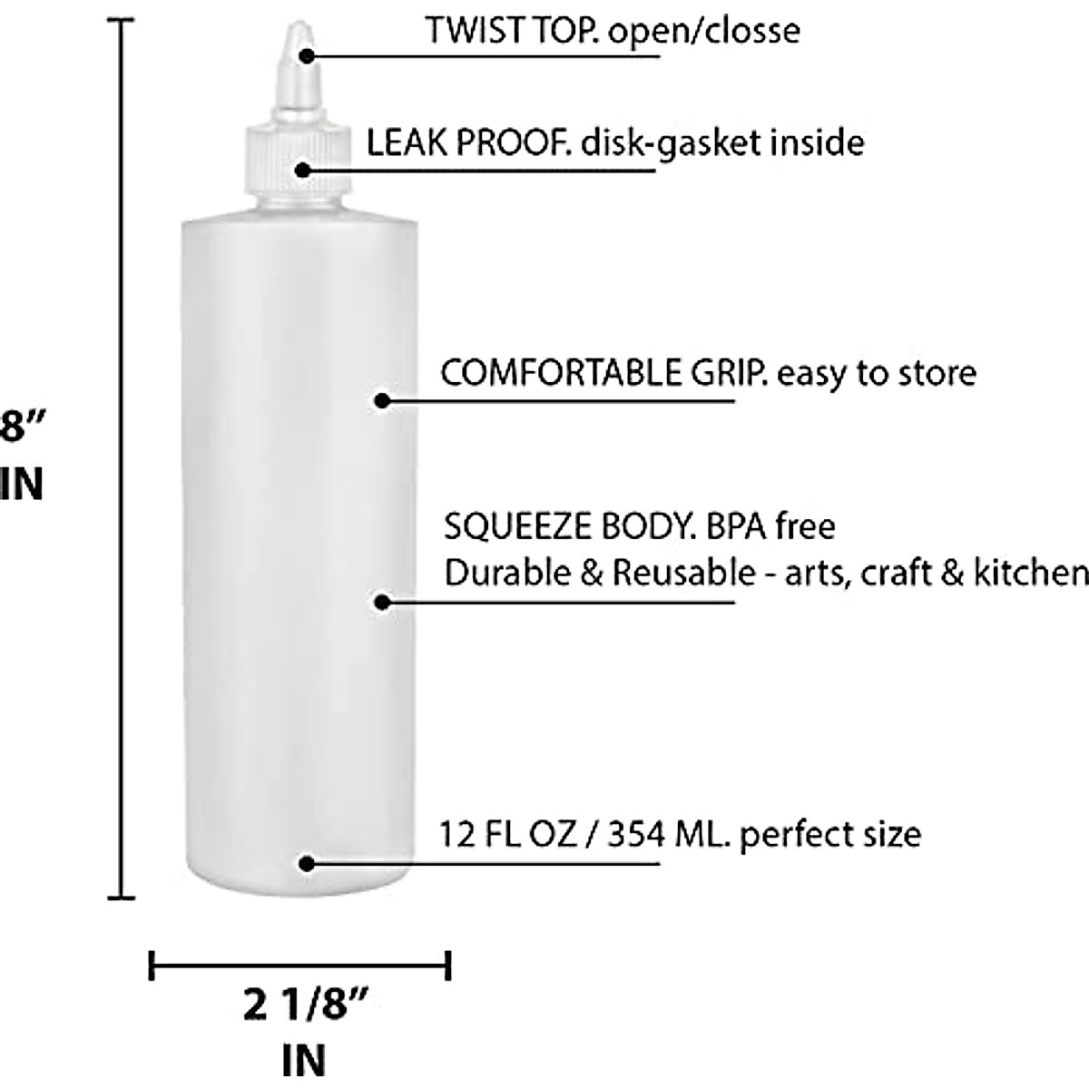 BRIGHTFROM Condiment Squeeze Bottles, 12 OZ Empty Squirt Bottle with Twist Top Cap, Leak Proof - Great for Ketchup, Mustard, Syrup, Sauces, Dressing, Oil, Arts and Crafts, BPA FREE Plastic - 2 PACK