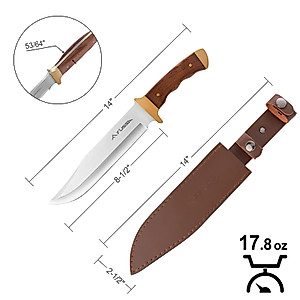FLISSA 14-inch Bowie Knife, Full-tang Fixed Blade with Wood Handle, Hunting Knife with Leather Sheath for Outdoor Survival, Camping, Hiking