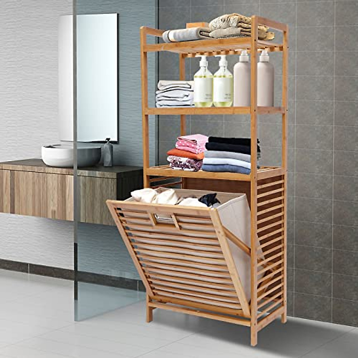 46.9'' Tilt Out Laundry Hamper, 3-Tier Bamboo Laundry Hamper Cabinet Floor Stand Bathroom Storage Shelf Cabinet Clothes Organizer Laundry Shelf for Laundry Room Bathroom Bedroom