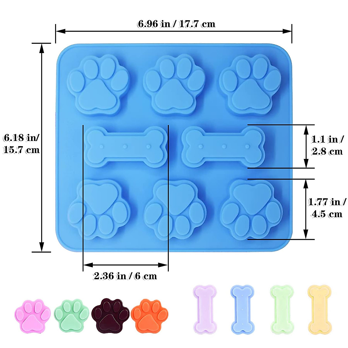 2 in 1 Silicone Molds，2 Pack Silicone Puppy Paw Print & Dog Bone Shaped Molds ，with 3 Packs Stainless Steel Bone Cookie Cutter-Blue&Pink-Set of 5