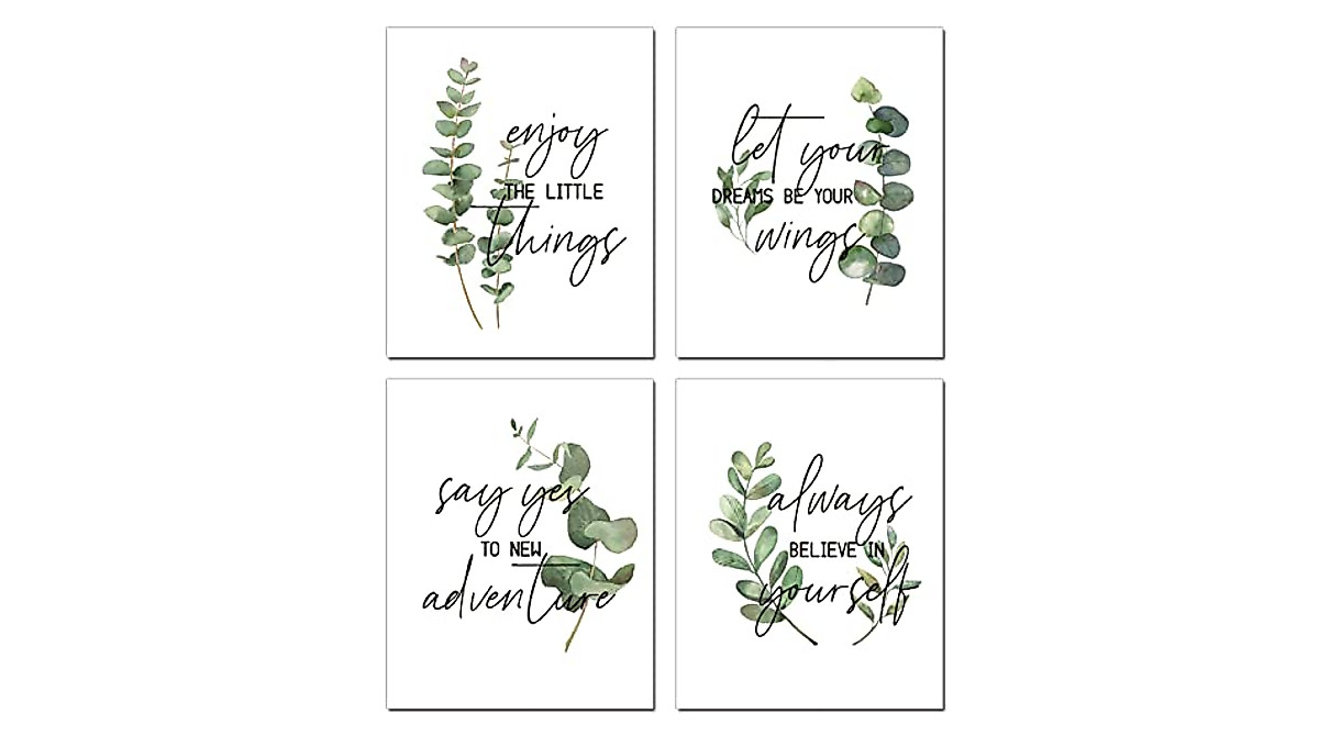Green Leaves Plant Wall Art Decor - Set of 4 Inspirational Canvas Prints