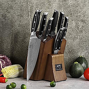 Kitchen Damascus Knife Set, WanRui Series 9-Piece Kitchen Knife Set with Block, Non-slip ABS Ergonomic Triple Rivet Handle for Chef Knives, Sharpener and Shears, Natural Wood Block (Updated Version)