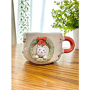 Christmas and the santa cat cup. Handmade ceramic cup, Hand-painted mug, Unique Surprise gift for Christmas or Birthday. Dishwasher and Microwave safe
