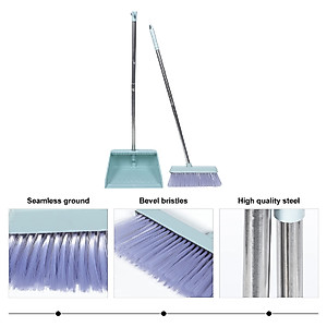 Broom and Dustpan Set Long Handle Stand Up Dustpan and Broom Set Household Brooms for Home Kitchen Room Cleaning Tool (Blue)