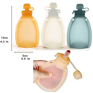 Reusable Silicone Food Pouch for Baby and Toddlers, Squeezable Pouch, Squeeze Pouch, Easy Clean Silicone Pouch for Pre-K and School, Homemade Baby Food Storage, 4oz (Orange-Green-White 3 Pack)