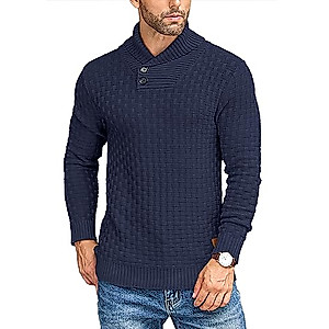 COOFANDY Men's Shawl Collar Sweaters V-Neck Relaxed Fit Basket Knitted Pullovers Navy Blue