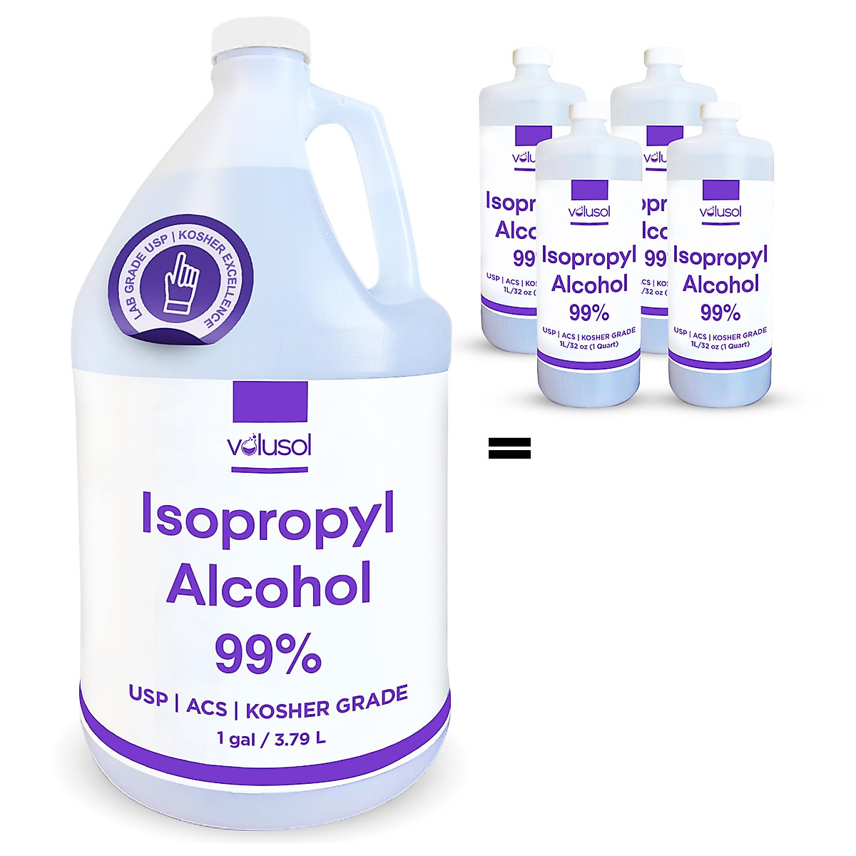 Volu-Sol Isopropyl Alcohol 99% (Isopropanol) - High Purity, USP - Kosher Grade IPA - 1 Gallon (128 oz) (4 Quarts) (4 Pack 32 oz) for Medical, Lab Equipment & Electronics, Clear Bottle