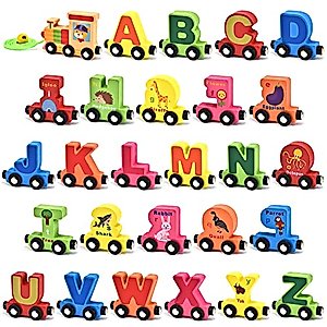 Atoylink 27 Pcs Wooden Train Cars Set Toddlers Magnetic Alphabet Animal Train Toy Kids Boys Girls Letter Cars Montessori Educational Toys for Age 3 4 5 6 7 8
