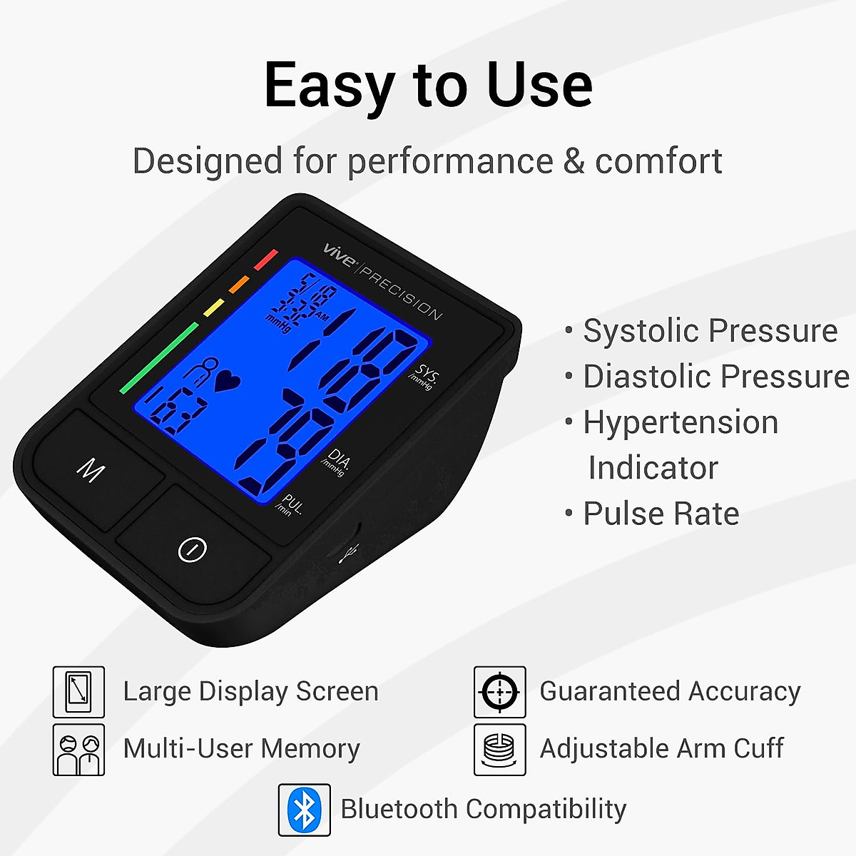 Vive Blood Pressure Machine Monitor & Cuff - Upper Arm BP Automatic Digital Bluetooth Read Out for Blood-Pressure Support System, Sphygmomanometer Heartbeat Detector, at Home High & Low Read-Out