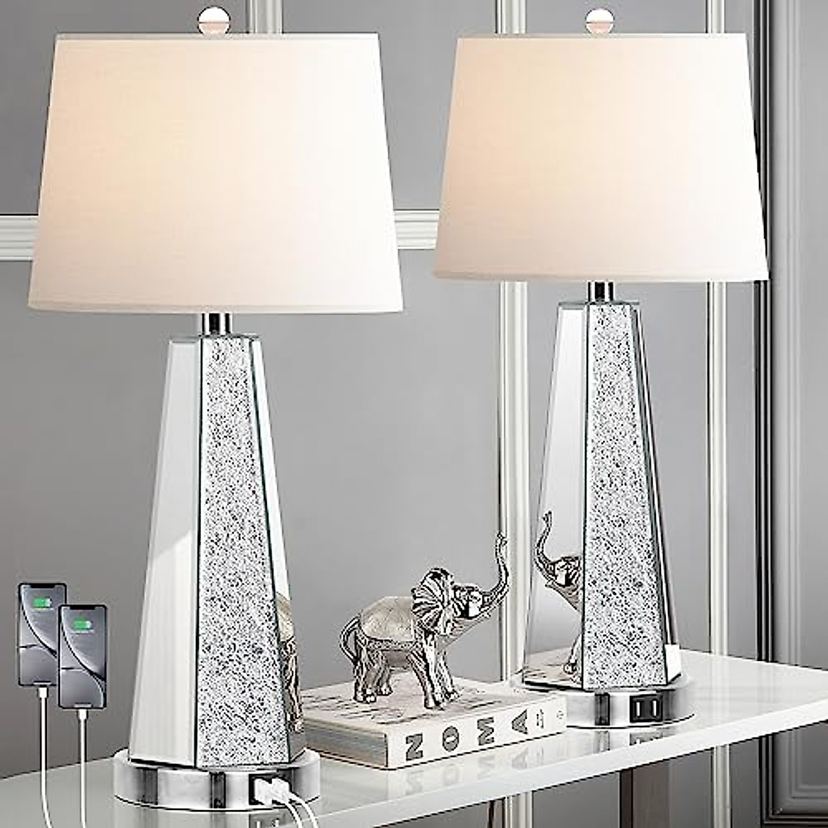 Hamucd Set of 2 Mirrored Glass Bedside Table Lamps for Bedrooms with 2 USB Ports Chrome Modern Silver Living Room Lamps for End Tables Glam Comtempory Style Side Nightstand Lamps for Art Deco