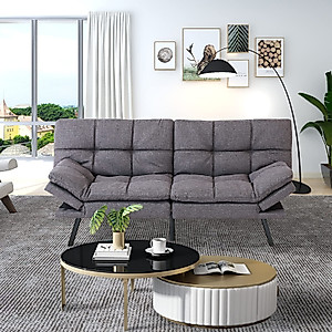 Maxspeed Futon Sofa Bed Memory Foam Sofa Couch Convertible Modern Loveseat Sleeper Sofa with Adjustable Armrests and Metal Legs,Multifunctional Grey Futon Sofa Bed for Apartment, Office, Small Spaces