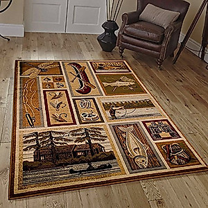 Wildlife Cabin Fish Boat Butterfly Nature Scene Area Rug (5 Feet 3 Inch X 7 Feet 5 Inch)
