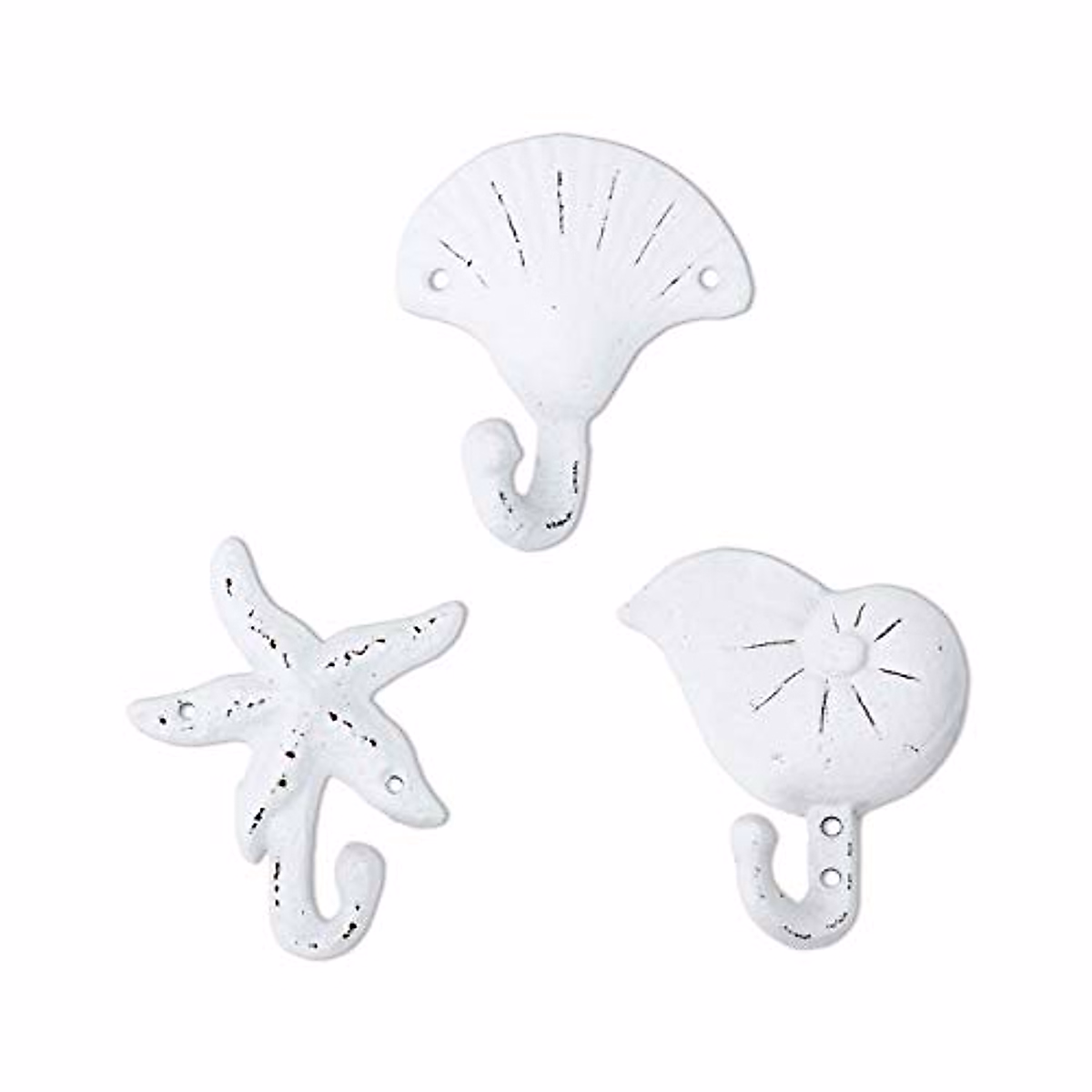 Sea Snail Starfish Shell Shape Cast Iron Nautical Wall Hooks Set, 3-Pack Assorted Rustic White Seaside-Themed Wall Mount Coat Hooks, Beach Coastal Wall Decor