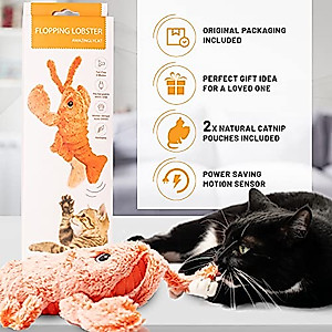 Flopping Lobster Toy for Cats & Small Dogs – Motion Activated Moving Cat Toy with 2 Catnip Packets – USB-Chargeable, Soft, Durable, Washable, Low-Noise Floppy Lobster Cat Nip Toy Gift, 11x4 In.
