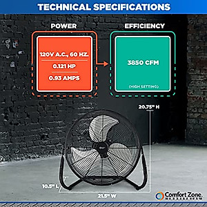 Comfort Zone CZHV18BK 18” 3-Speed High-Velocity Cradle/Floor Fan with 180-Degree Adjustable Tilt, Convenient Carry Handle, and Rubber Feet for Stability, Black