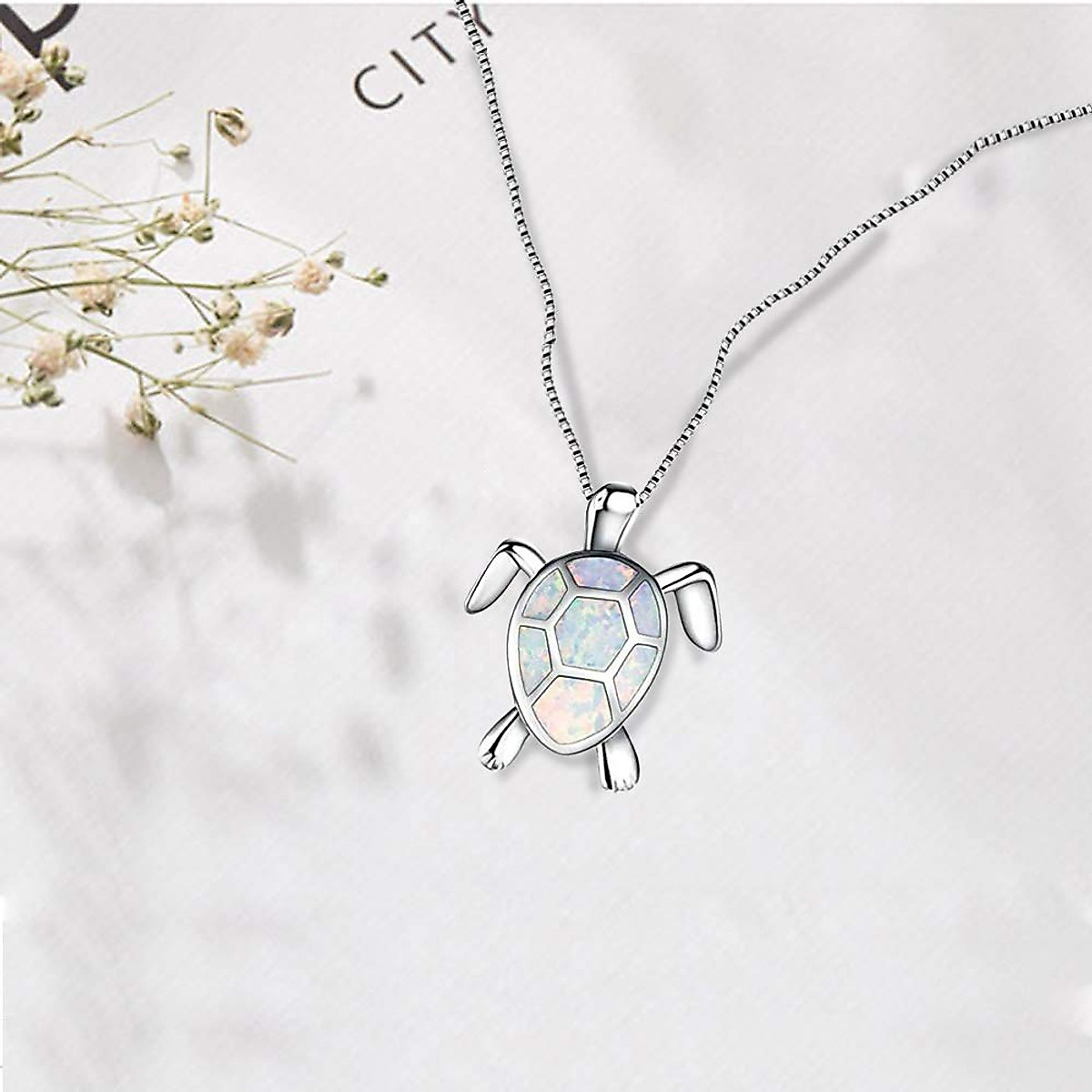 Hithop Cute Turtle Pendant Necklace Lovely Animals White Fire Opal Plated Silver Necklace Jewellery Gifts (White)