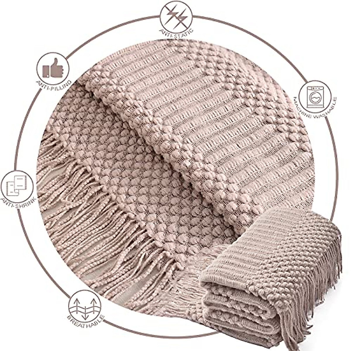 lifein Tan Throw Blanket for Couch-Soft Knitted Farmhouse Boho Throws,Cozy Knit Small Lightweight Blankets&Throws with Tassels for Bed,Chair,Sofa,Room,Home Decor,Spring (Light Khaki/Tan,50 * 60in)