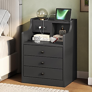 Tiptiper Black Nightstand with Charging Station 3 Drawers, Wood Sofa End Side Table with USB Ports and Outlet, Bedside Table Bedroom Nightstand with Sliding Drawer & Hutch