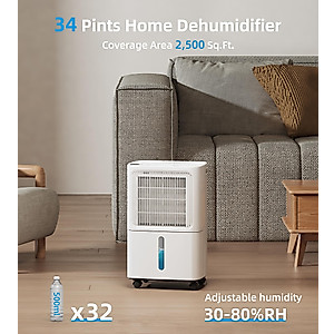 VEAGASO 2500 Sq. Ft Dehumidifier for Basement, 34 Pint Dehumidifiers For Home, Large Room, Auto Drain or Manual Drainage, Digital Control Panel, Auto Defrost, 24H Timer, Child Lock