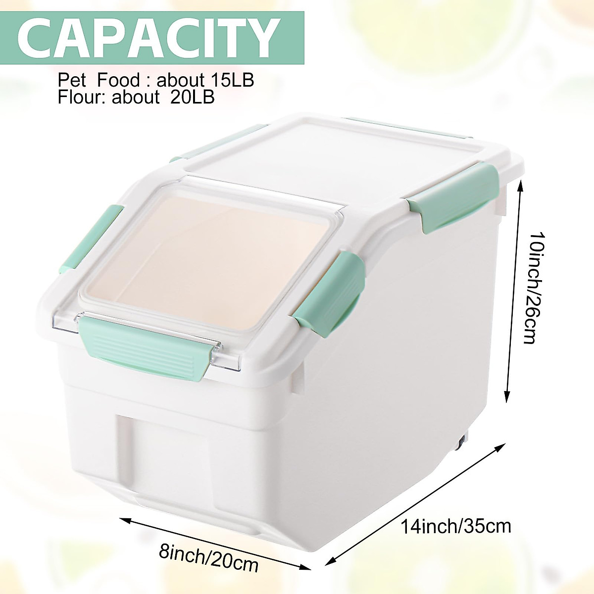Purpeak 4 Pack Grain Rice Storage Bin Flour Storage Container 20 Lbs with Wheels Measuring Cup Airtight Lid Plastic Cereal Pet Food Storage Boxes for Dry Food Sugar Baking Cat Bird Dog Food (Green)