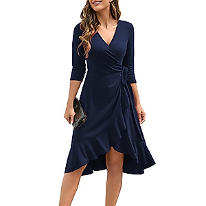 OWIN Women's 3/4 Sleeve V Neck Elastic Tie Waist Elegant Cocktail Party Ruffle Wrap A Line Dress Navy L