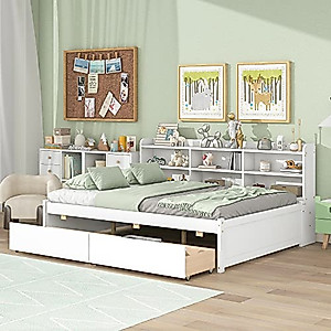 Harper & Bright Designs Full Bed with Storage Drawers and Side Bookcase, Solid Wood Platform Frame, Full Size Daybed Sofa for Bedroom Living Room (Full Size, White) White(side Bookcase)