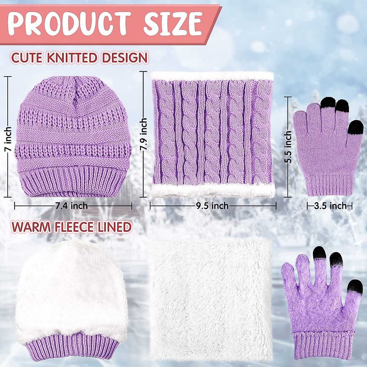 JaGely 9 Pieces Kids Winter Hat Scarf Glove Set Girls Toddler Children Winter Hats Beanie with Fleece Lined Neck Warmer Gaiter Touchscreen Gloves Mittens, Pink, White, Purple