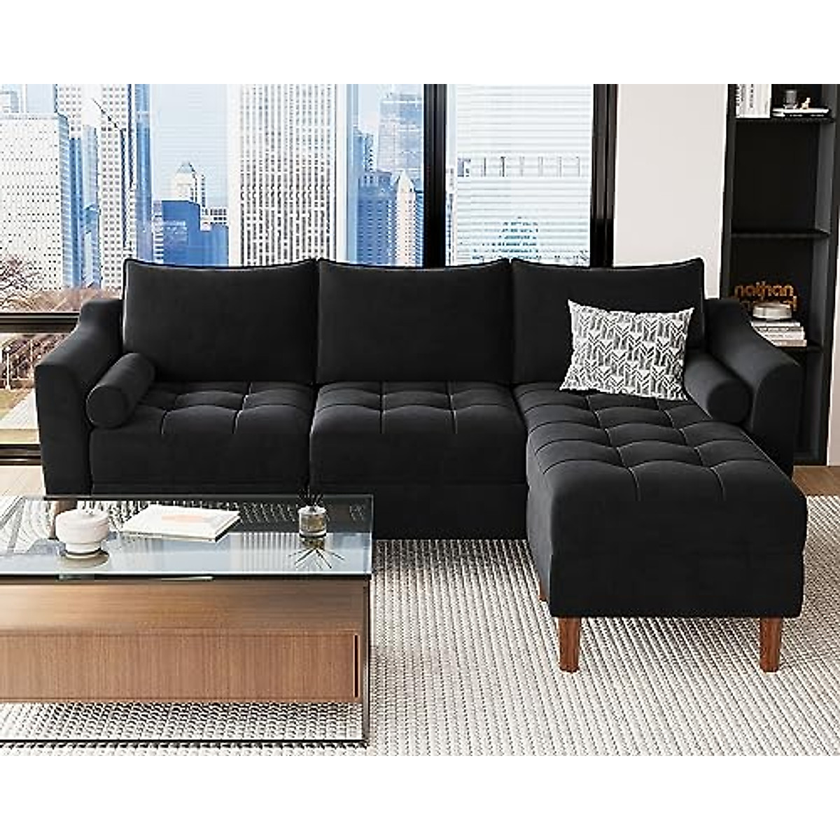 Belffin Black Velvet L Shaped Sectional Couch Small Convertible Couch Sectional Sofa 3-Seater Sofa Sectional with Reversible Chaise Ottoman for Apartment and Small Space