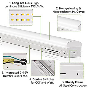 hykolity 8FT LED Shop Light, 65/75/90W LED Strip Light, [6-lamp F32T8 Fluorescent Equiv.] 3500K/4000K/5000K CCT Selectable, 130lm/W Commercial Grade LED Strip Light Fixture for Warehouse -4 Pack
