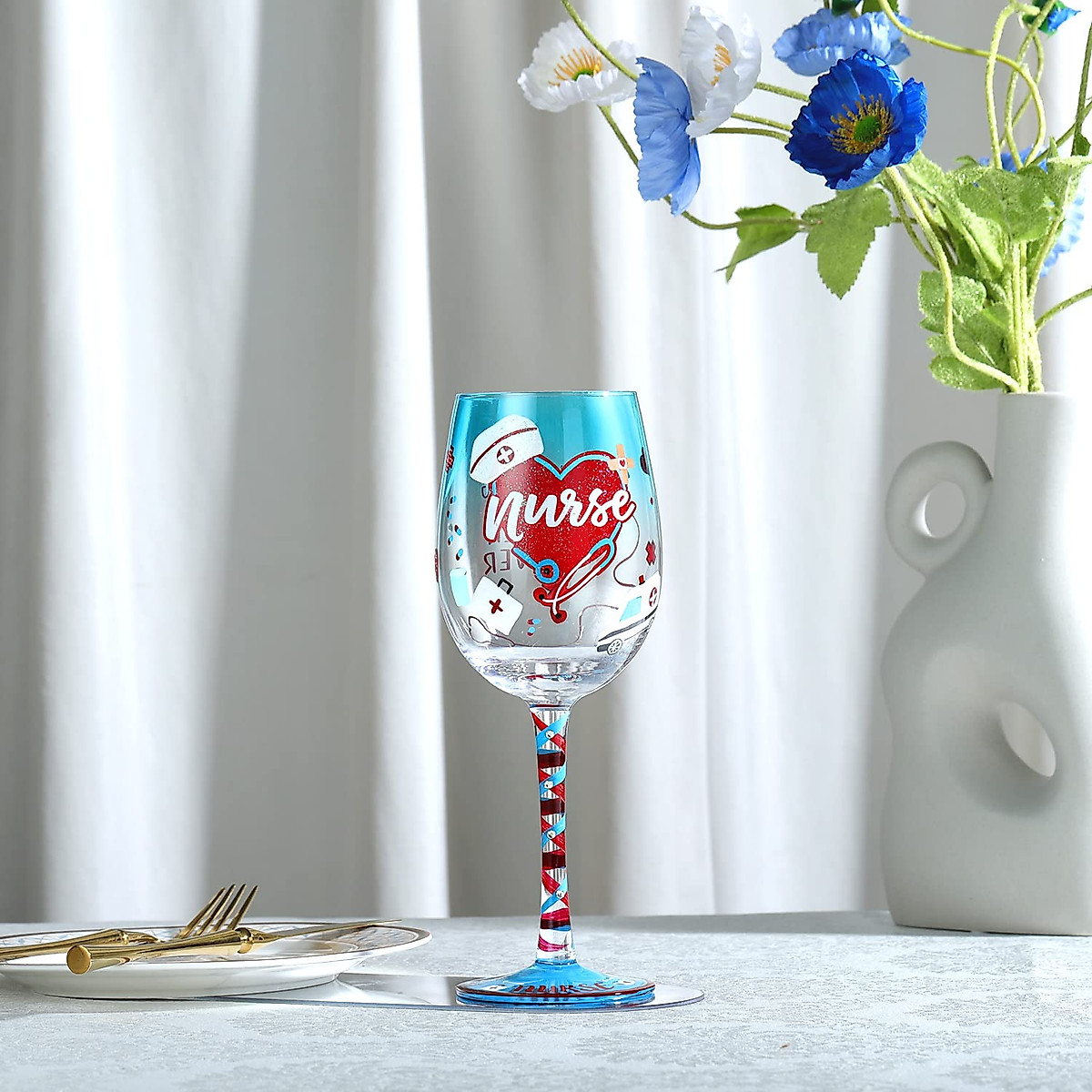 NymphFable Nurse Gifts Hand painted Wine Glass Artisan Painted Glass 15oz for Nurse Nursing Student Gifts for Her