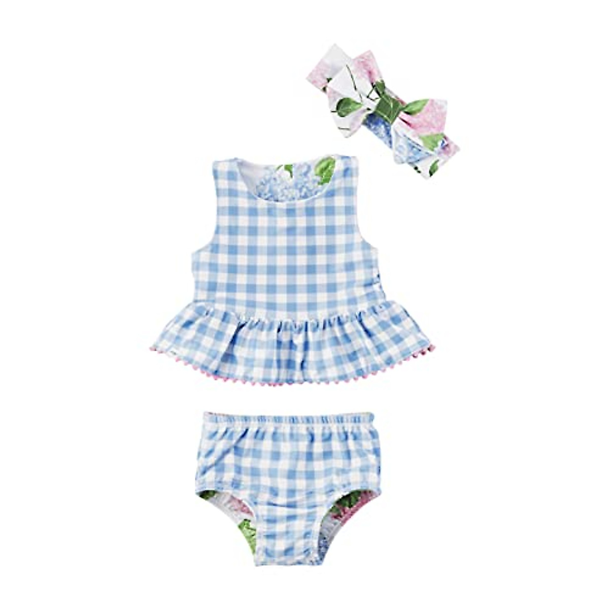 Mud Pie Girls Reversible Swimsuit & Headband Set, Hydrangea/Gingham, 2T