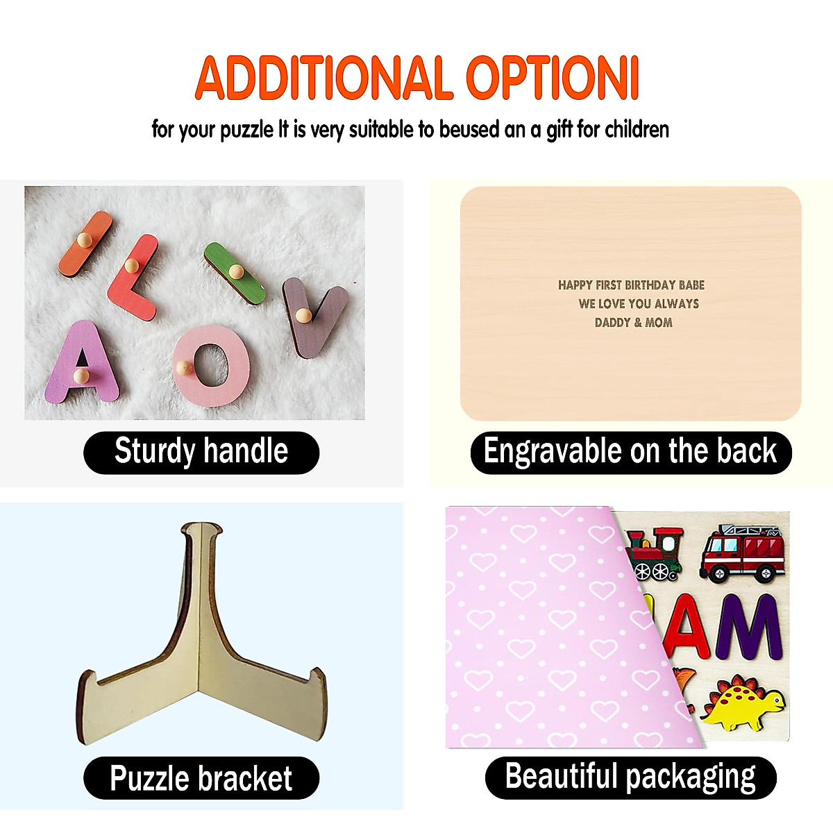 OELTTG Name Puzzle for Kids Personalized, 1st Birthday Girl and Boy, Easter Basket Stuffers for Toddler, Custom Baby Easter Gifts with Engraved Text on Back, Montessori Learning Toys for Boy & Girl