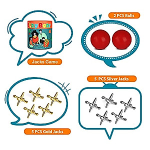 KlayBear Jacks Game with Ball, Retro Vintage Jax Game for Kids and Adults, Classic Board Games with 10 Metal Jacks & 2 Red Rubber Balls, Old Fashion Traditional Table Games for Family Game Night