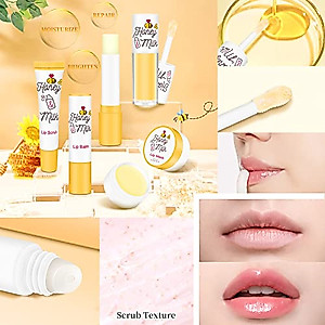 LSxia 4 Piece Honey Milk Lip Mask Lip Balm Lip Scrub Lip Oil Lip Care Kit, Moisturizing & Nourishing Dry and Cracked Lips, Overnight Sleeping Lip Exfoliator Lip Moisturizer Lip Repair Holiday Gift Set