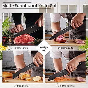 Astercook Kitchen Knife Set, 15 Pieces Chef Knives Set with Block, German Stainless Steel Handle One-Piece Design Knife Block Sets Dishwasher Safe Black