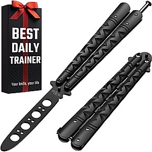 Butterfly Knife - Balisong Trainer - Black Practice Butterfly Trainer with Sure Spring Latch - Balisong Knives NOT Real NOT Sharp Blade - Full Stainless Steel Fake Dull Trick CSGO Fidget Toy K19 B
