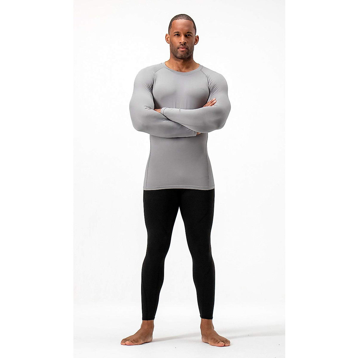 DEVOPS 2 Pack Men's Thermal Long Sleeve Compression Shirts (Large, Black/Light Grey)