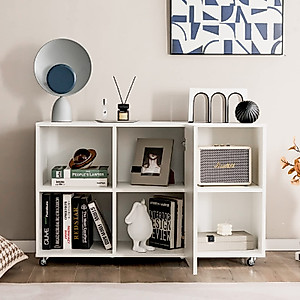 Tangkula Wood Bookcase with Wheels, Mobile Storage Cabinet w/ 6 Cubes, Printer Stand w/Open Shelf, Large Lateral Filing Cabinet, Multifunctional Storage Bookshelf for Home Office Study (White)